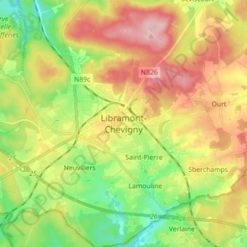 Carte topographique Libramont-Chevigny, altitude, relief