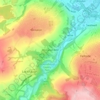 Carte topographique Winlaton Mill, altitude, relief
