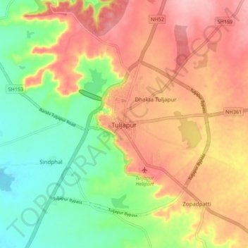 Carte topographique Tuljapur, altitude, relief