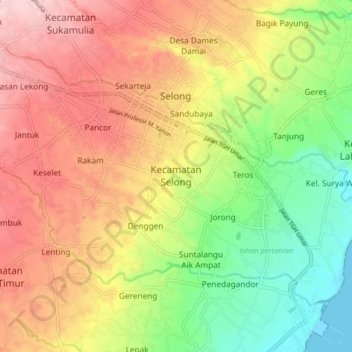 Carte topographique Kecamatan Selong, altitude, relief