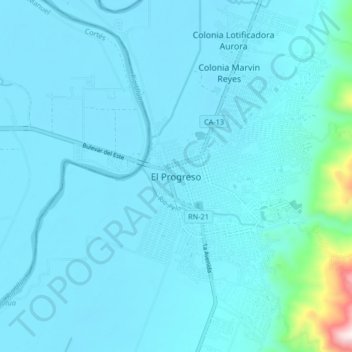 Carte topographique El Progreso, altitude, relief