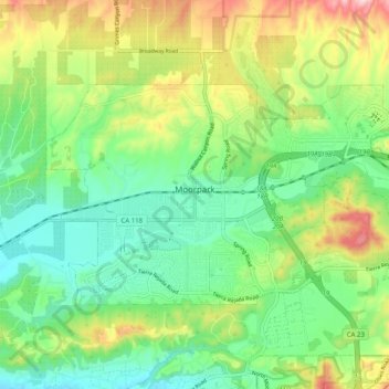Carte topographique Moorpark, altitude, relief
