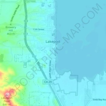 Carte topographique Lakeport, altitude, relief