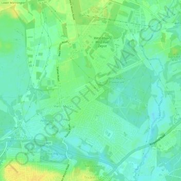 Carte topographique West Moors, altitude, relief