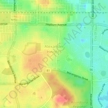 Carte topographique Alexander Heights, altitude, relief