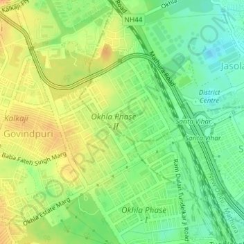 Carte topographique Okhla Phase - II, altitude, relief