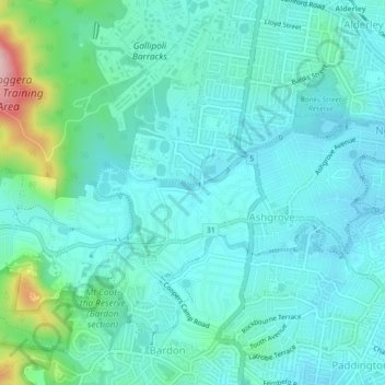 Carte topographique Ashgrove, altitude, relief