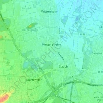 Carte topographique Kingersheim, altitude, relief