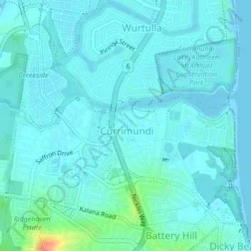 Carte topographique Currimundi, altitude, relief