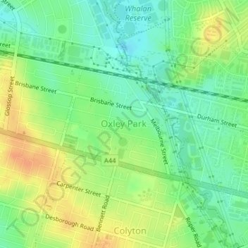 Carte topographique Oxley Park, altitude, relief