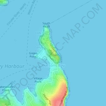 Carte topographique Watsons Bay, altitude, relief