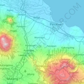 Carte topographique Pasuruan, altitude, relief