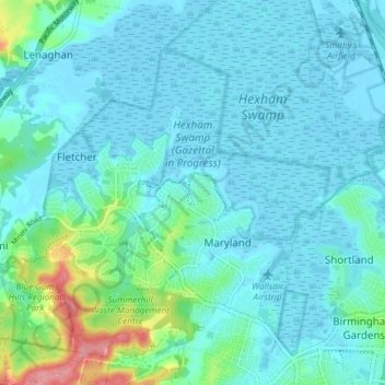 Carte topographique Hexham Swamp (Gazettal in Progress), altitude, relief