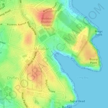Carte topographique Malabar Beach, altitude, relief