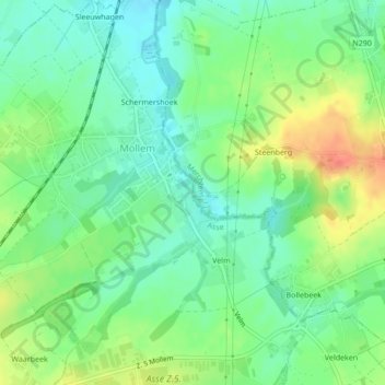 Carte topographique Grote Molenbeek, altitude, relief